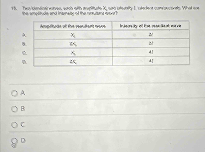 Resuelto:Two identical waves, each with amplitude X, and intensity 7 ...
