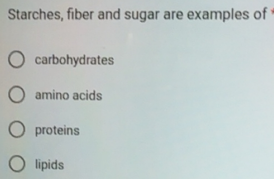 Solved: Starches, fiber and sugar are examples of carbohydrates amino ...