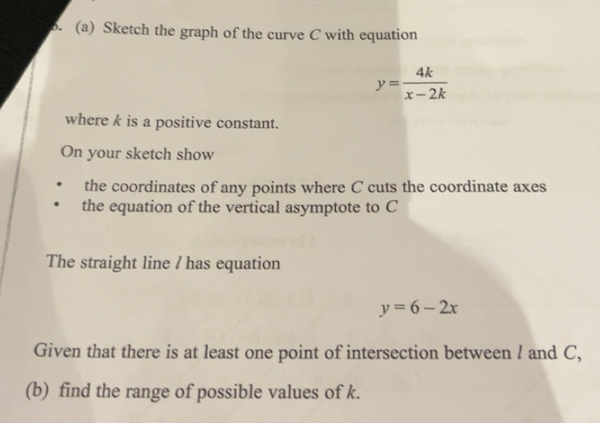 Solved: Sketch the graph of the curve C with equation y= 4k/x-2k where ...