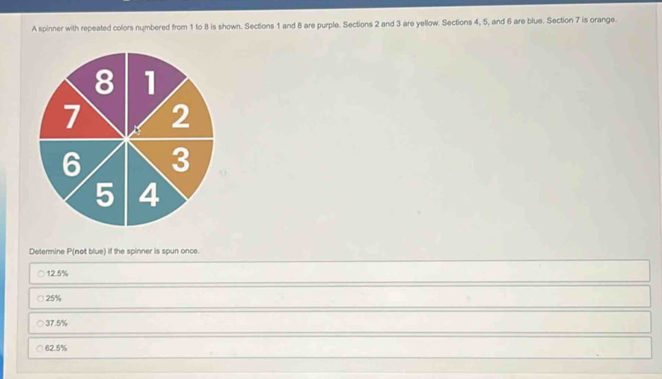 Solved: A spinner with repeated colors numbered from 1 to 8 is shown ...