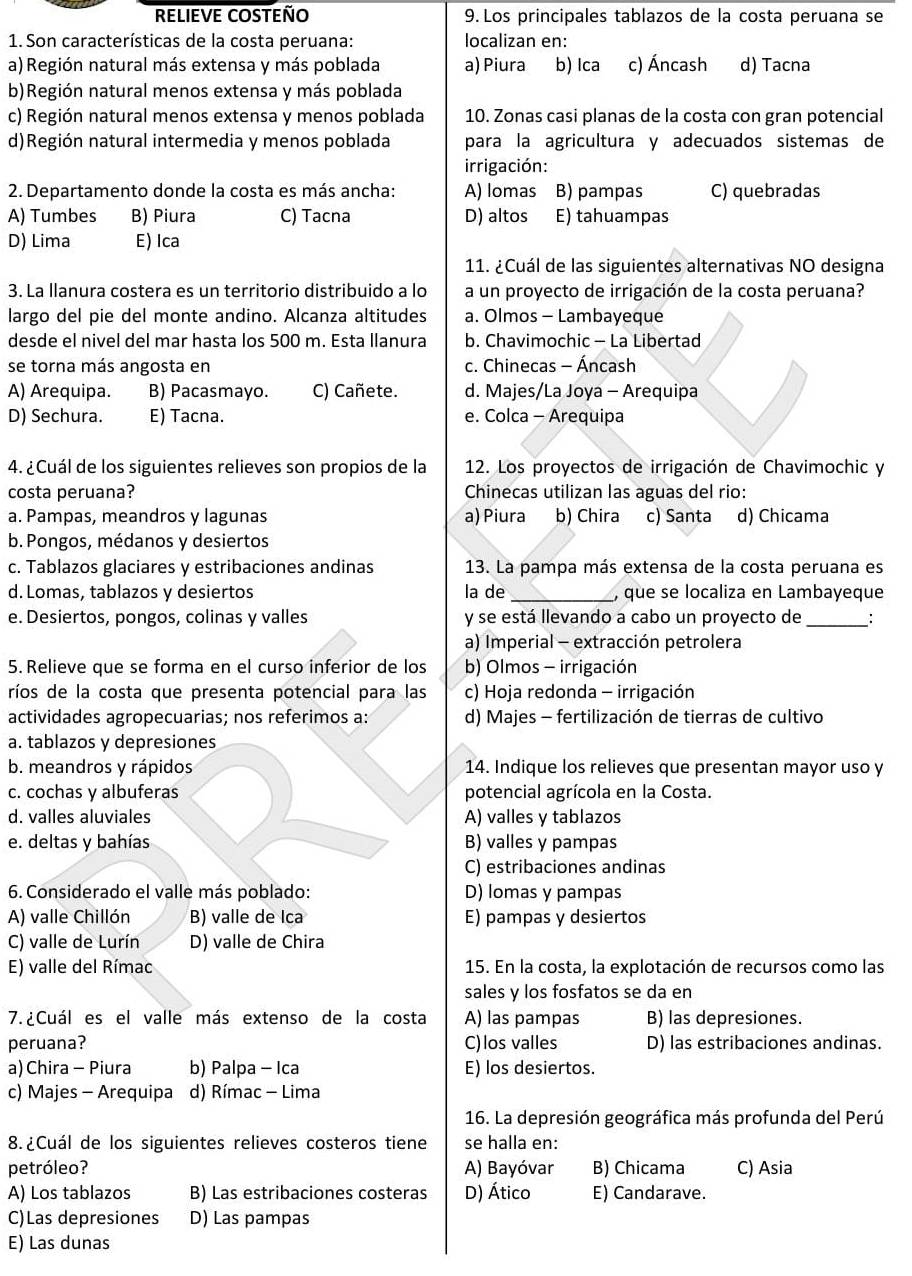 Resuelto:rELIeVe CoSTeño 9. Los principales tablazos de la costa ...