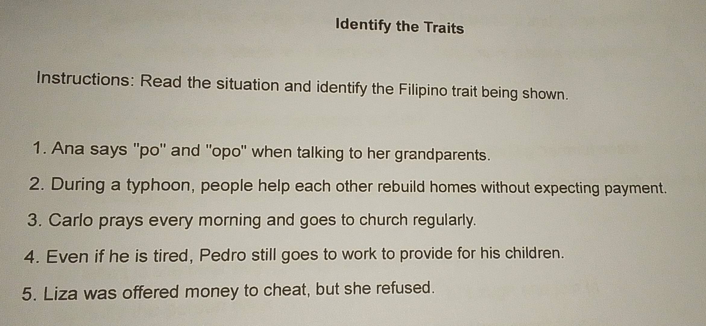 Solved: Identify the Traits Instructions: Read the situation and ...