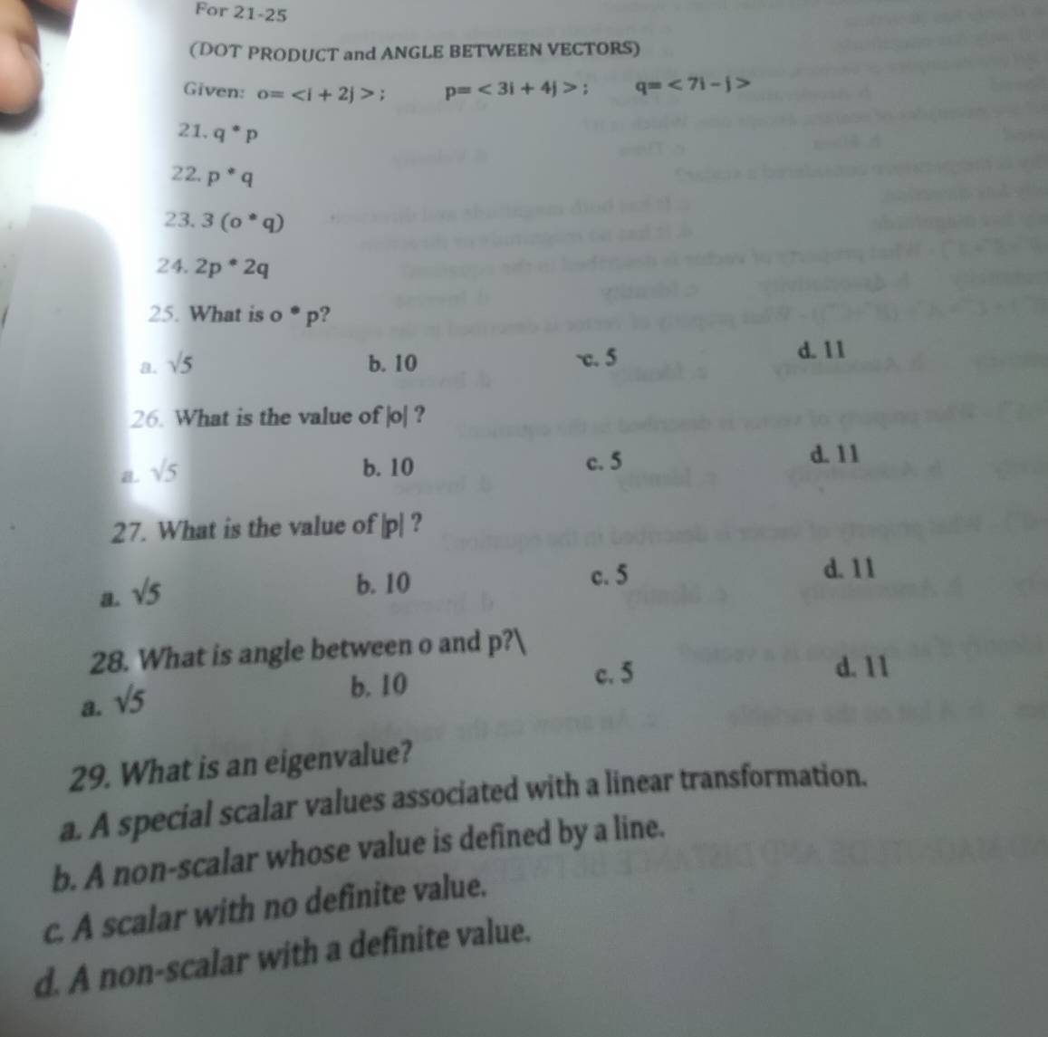 Solved: For 21-25 (DOT PRODUCT and ANGLE BETWEEN VECTORS) Given: o= : p ...
