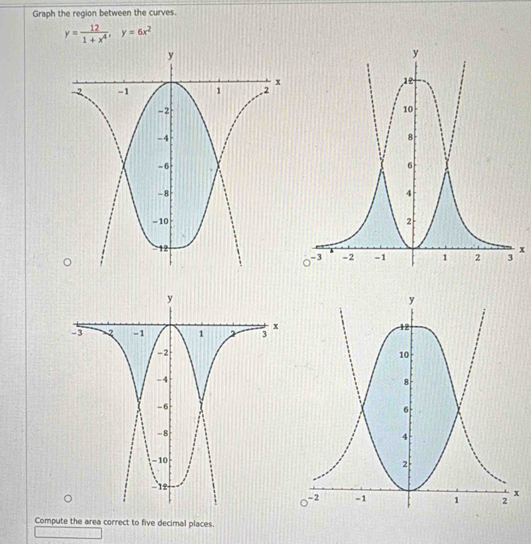 Solved: Graph the region between the curves. y= 12/1+x^4 , y=6x^2 x ...