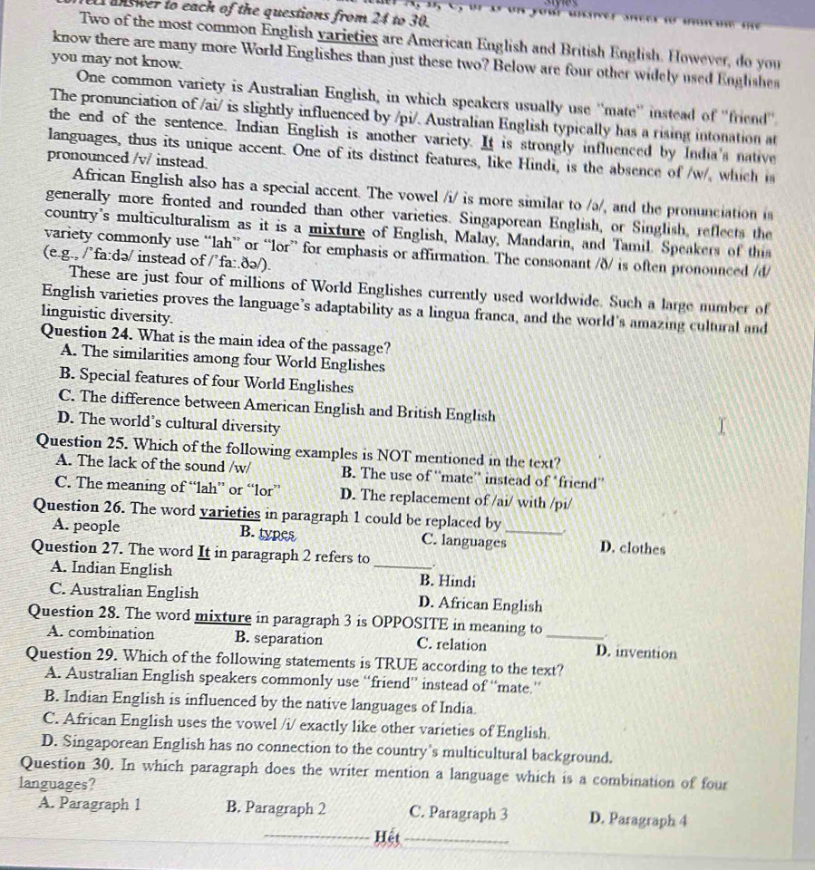 Giải quyết:answer to each of the questions from 24 to 30. Two of the ...