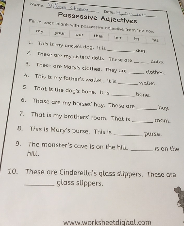 Resuelto:Name: _ Date Possessive Adjectives Fill in each blank with ...