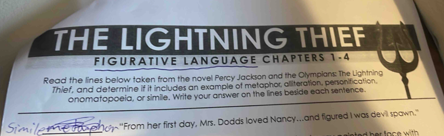 Solved: THE LIGHTNING THIEF FIGURATIVE LANGUAGE CHAPTERS 1-4 Read the ...