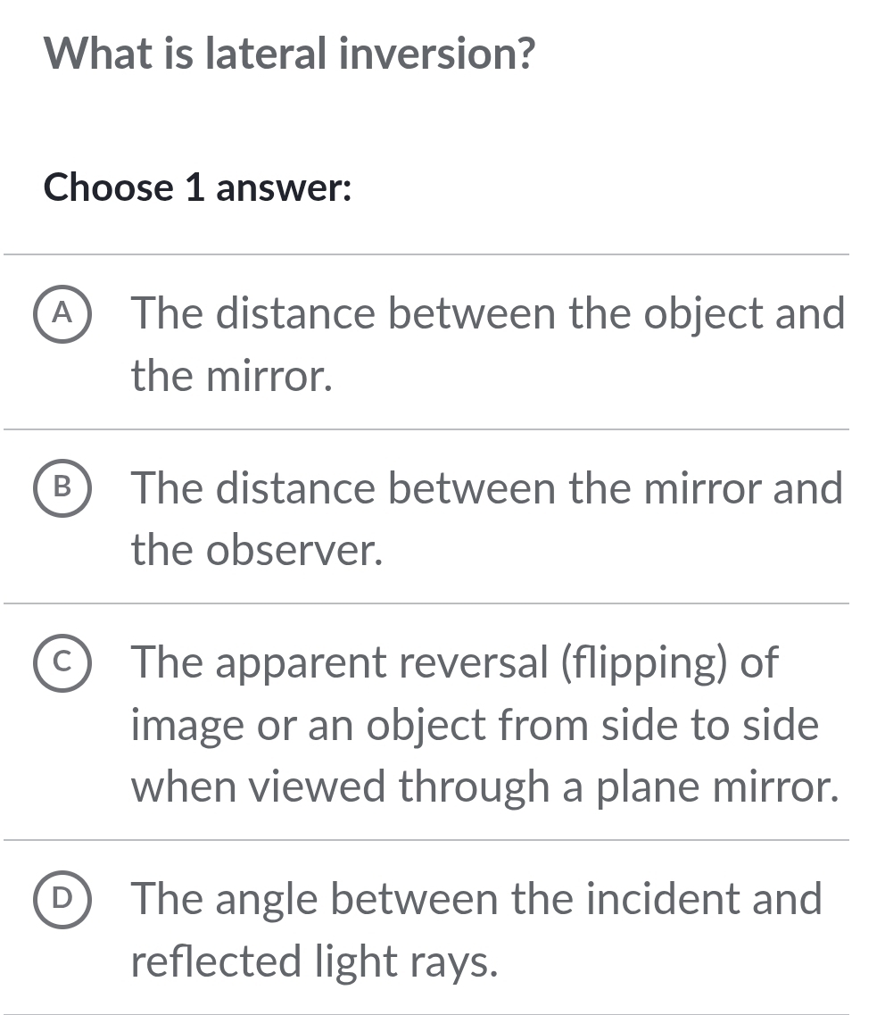 Solved: What is lateral inversion? Choose 1 answer: A The distance ...