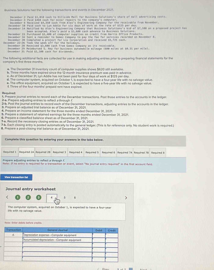 Solved: Business Solutions had the following transactions and events in ...