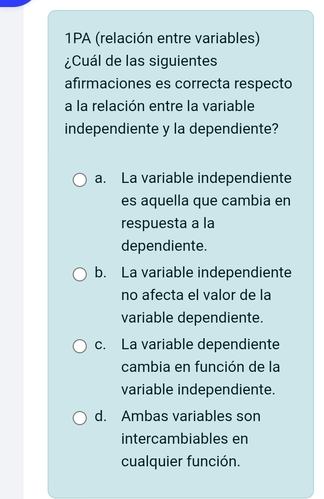 Resuelto:1PA (relación entre variables) ¿Cuál de las siguientes ...