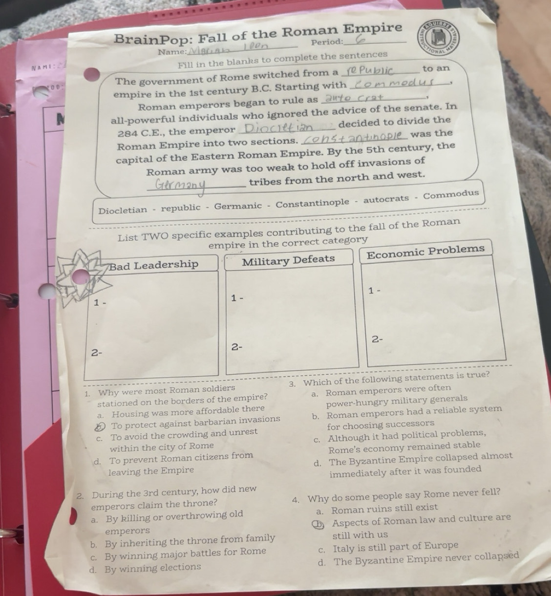 Solved: BrainPop: Fall of the Roman Empire Period: Name: _ NAMI: Fill ...