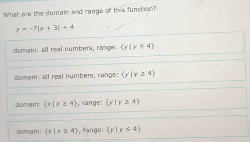 Solved: What are the domain and range of this function? y=-7|x+3|+4 ...