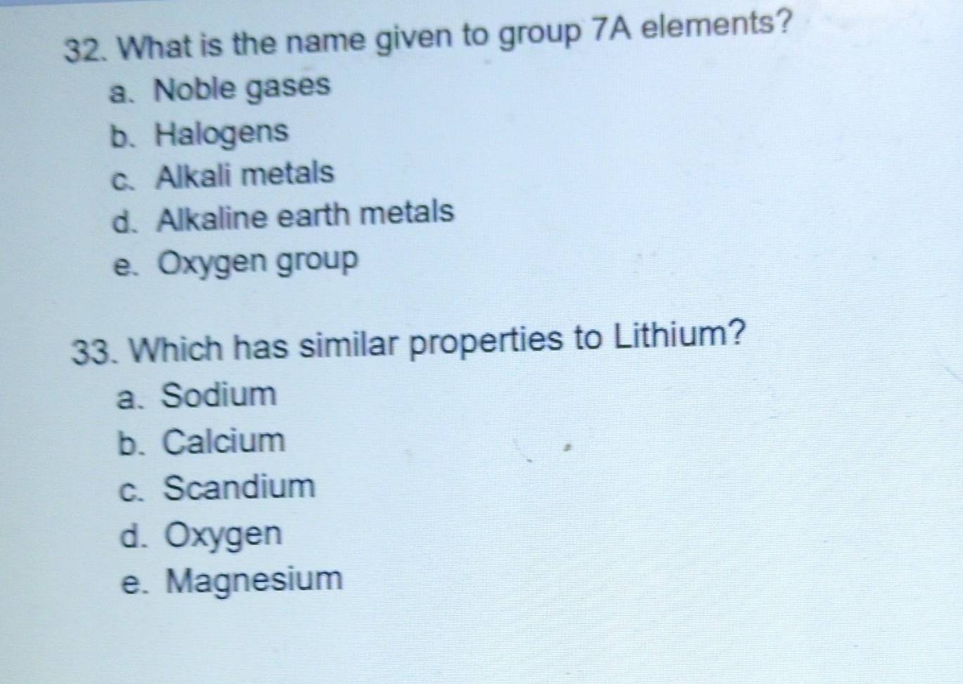 Solved: What is the name given to group 7A elements? a. Noble gases b ...