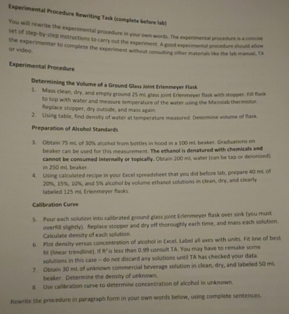 Solved: Experimental Procedure Rewriting Task (complete before lab) You ...