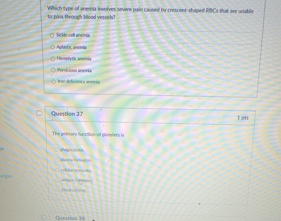 Solved: Which type of anemia involves severe pain caused by crescent ...