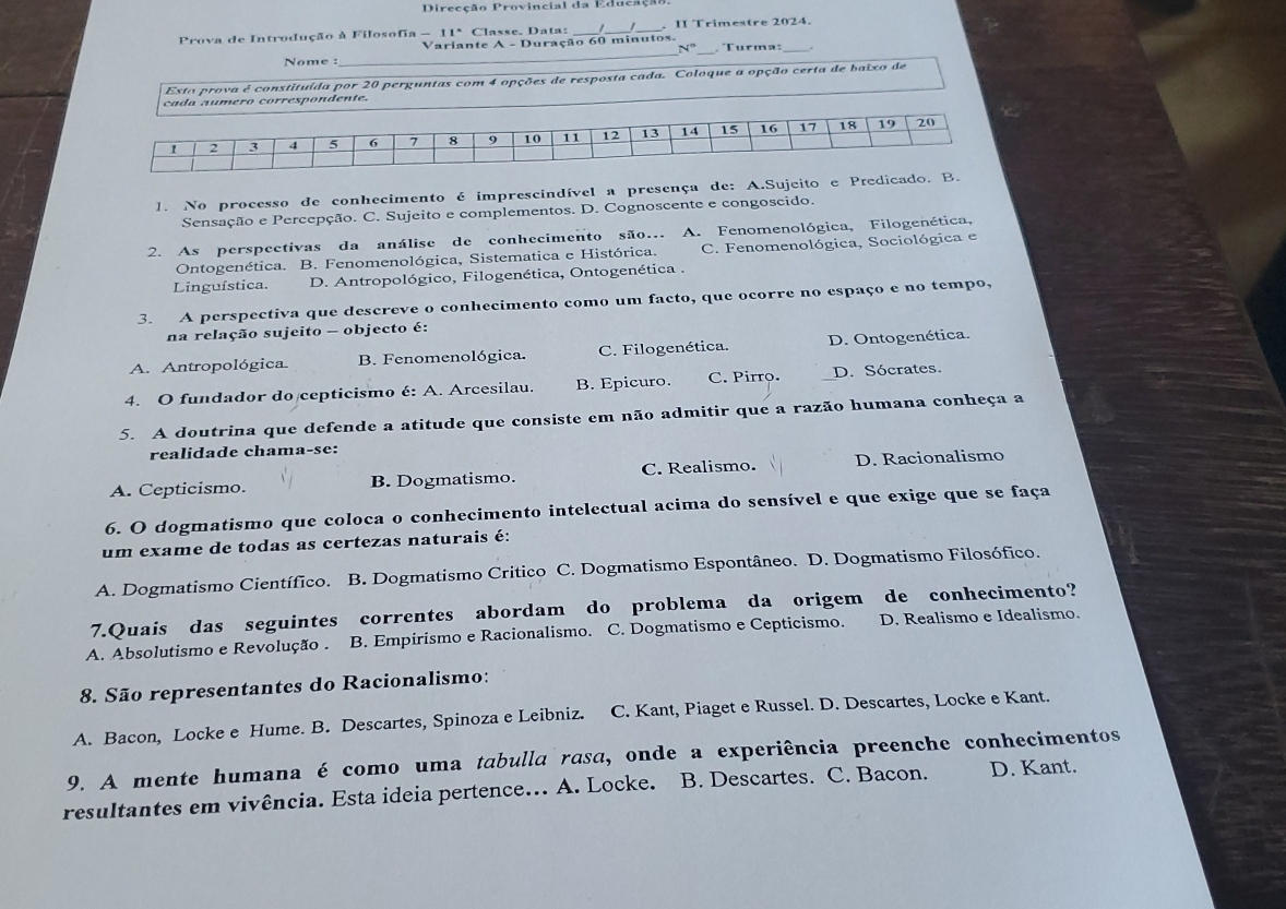 Solved: Direcção Provincial da Educação. Prova de Introdução à ...