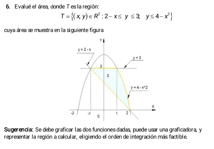 Resuelto:Evalué el área, donde T es la región: T= (x,y)∈ R^2:2-x≤ y≤ 3 ...