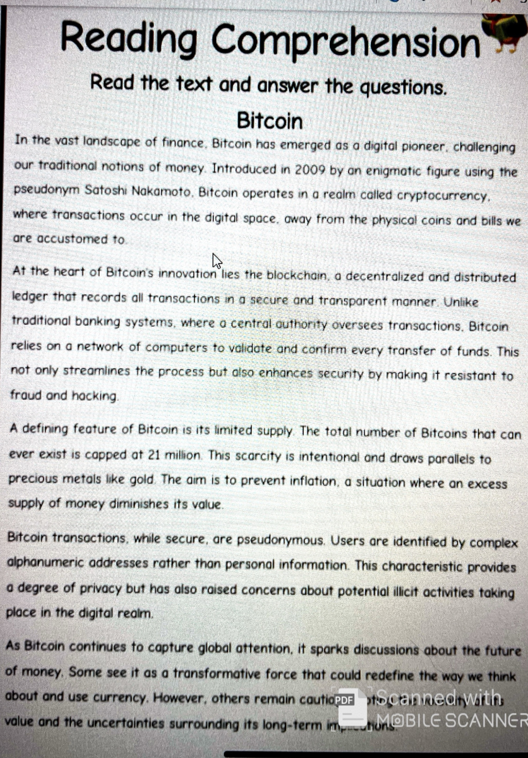 Solved: Reading Comprehension Read the text and answer the questions ...