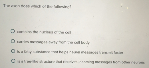 Gelöst:The axon does which of the following? contains the nucleus of ...