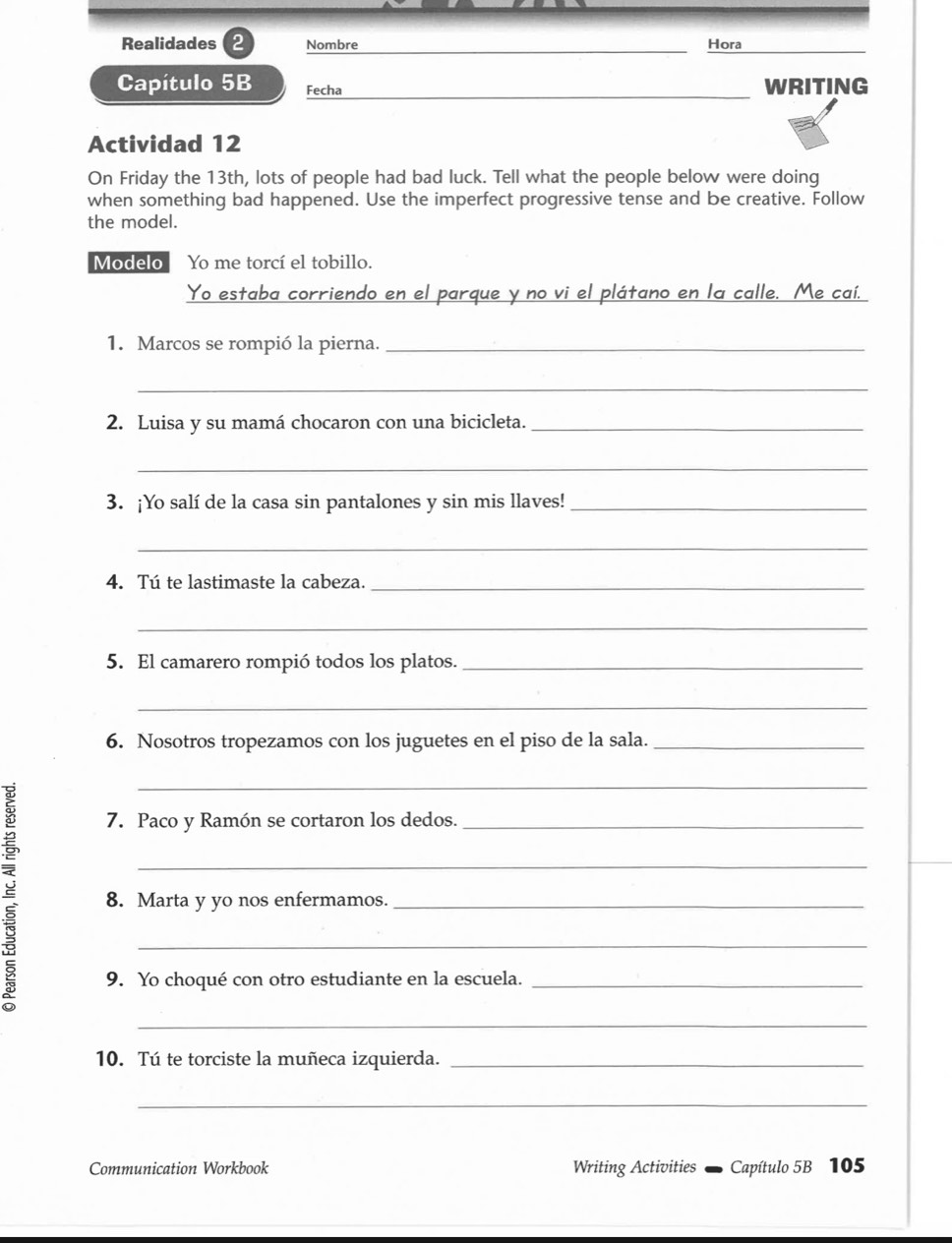 Solved: Realidades 2 Nombre _Hora Capítulo 5B Fecha_ _WRITING Actividad ...