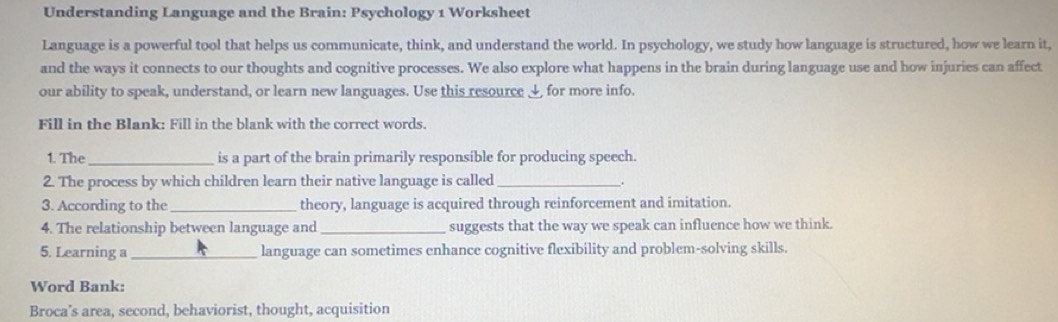 Solved: Understanding Language and the Brain: Psychology 1 Worksheet ...