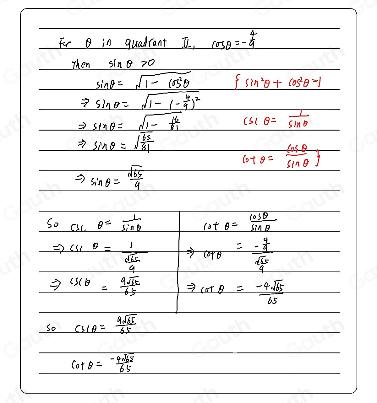 Solved: Let θ be an angle in quadrant II such that cos θ =- 4/9 . Find ...