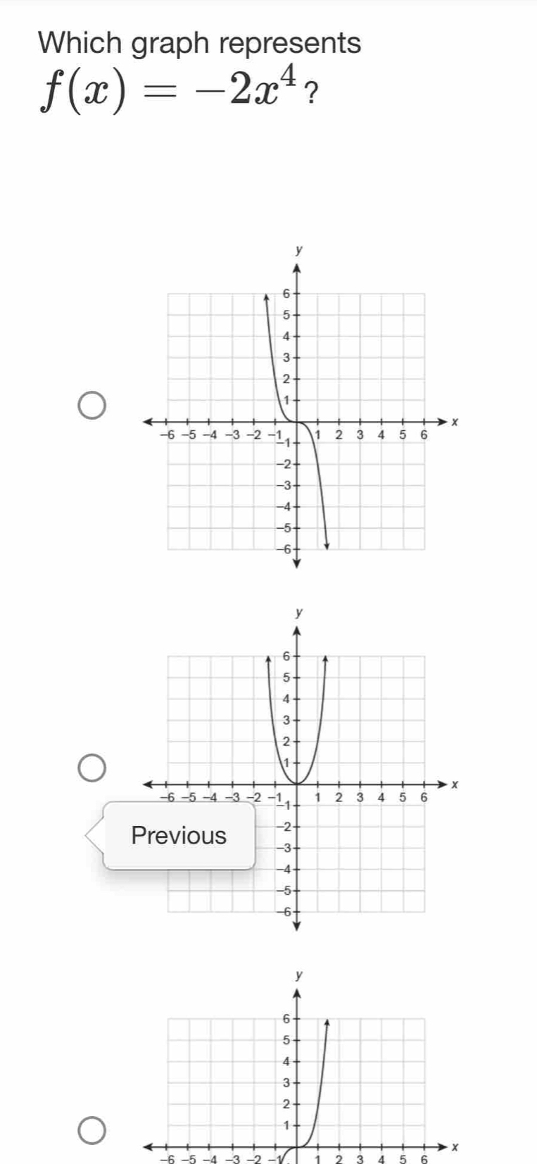 Solved: Which graph represents f(x)=-2x^4 ? −6 −5 -4 −3 −2 -1 1 , 2 A 5 ...