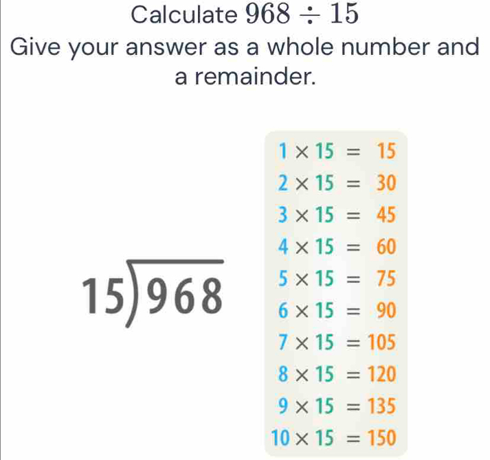 Solved: Calculate 968/ 15 Give your answer as a whole number and a ...