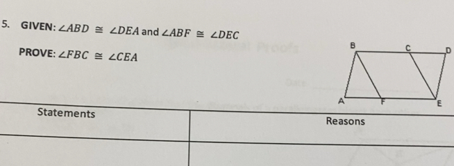 Gelöst:GIVEN: ∠ ABD≌ ∠ DEA and ∠ ABF≌ ∠ DEC PROVE: ∠ FBC≌ ∠ CEA ...