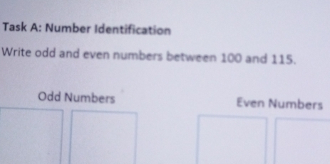 Solved: Task A: Number Identification Write odd and even numbers between 100 and 115. Odd Number ...