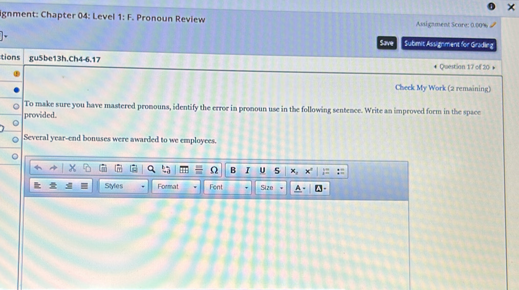 Solved: ignment: Chapter 04: Level 1:F . Pronoun Review Assignment Score: 0.00% Save Submit ...
