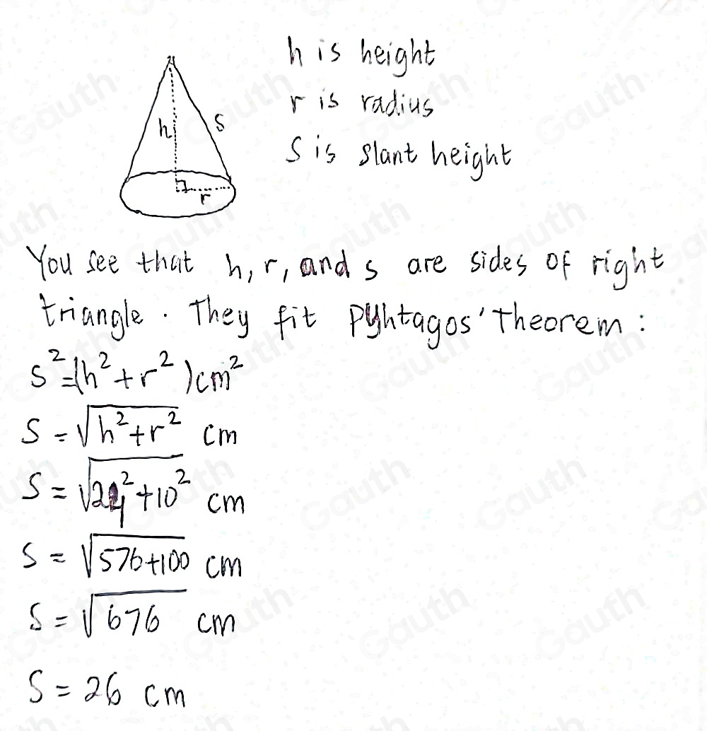 Solved: A cone has a radius of 10 cm and a height of 24 cm. What is its ...