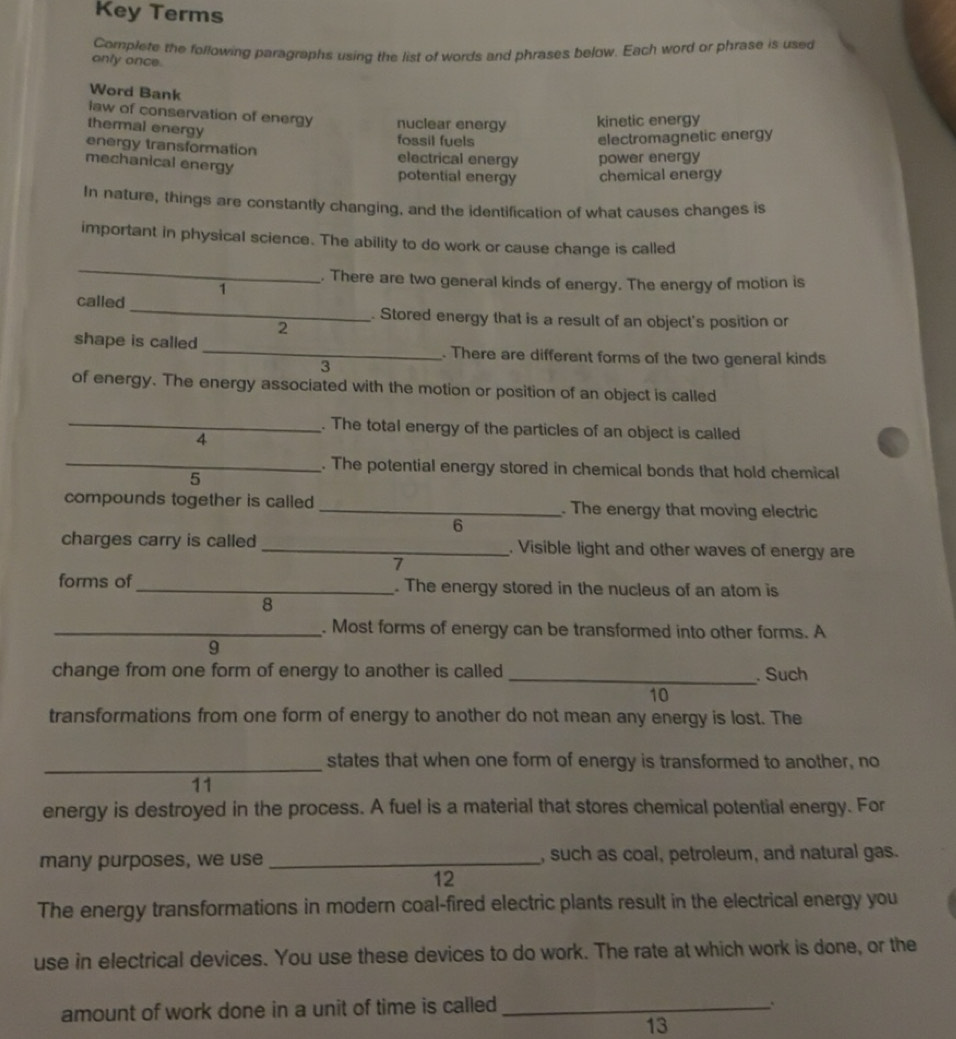 Solved: Key Terms Complete the following paragraphs using the list of ...