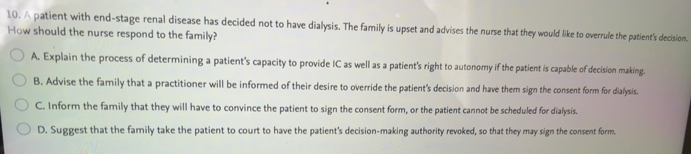 Solved: A patient with end-stage renal disease has decided not to have ...