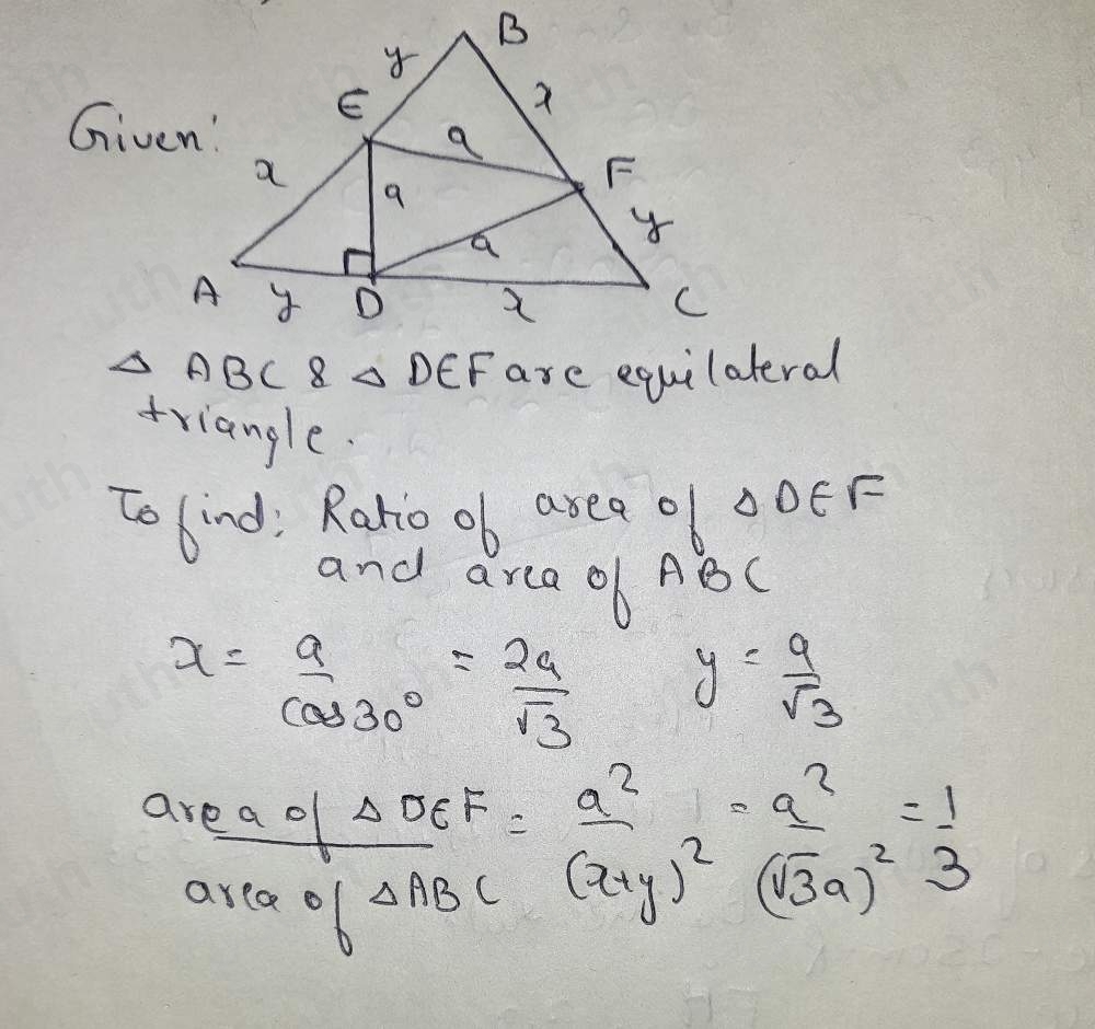 Solved: Equilateral triangle DEF is inscribed in equilateral triangle ABC such that overline ED ...
