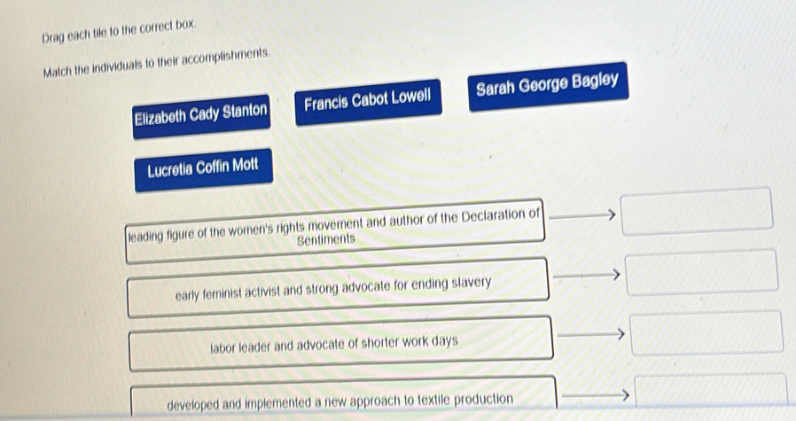 Solved: Drag each tile to the correct box. Match the individuals to ...