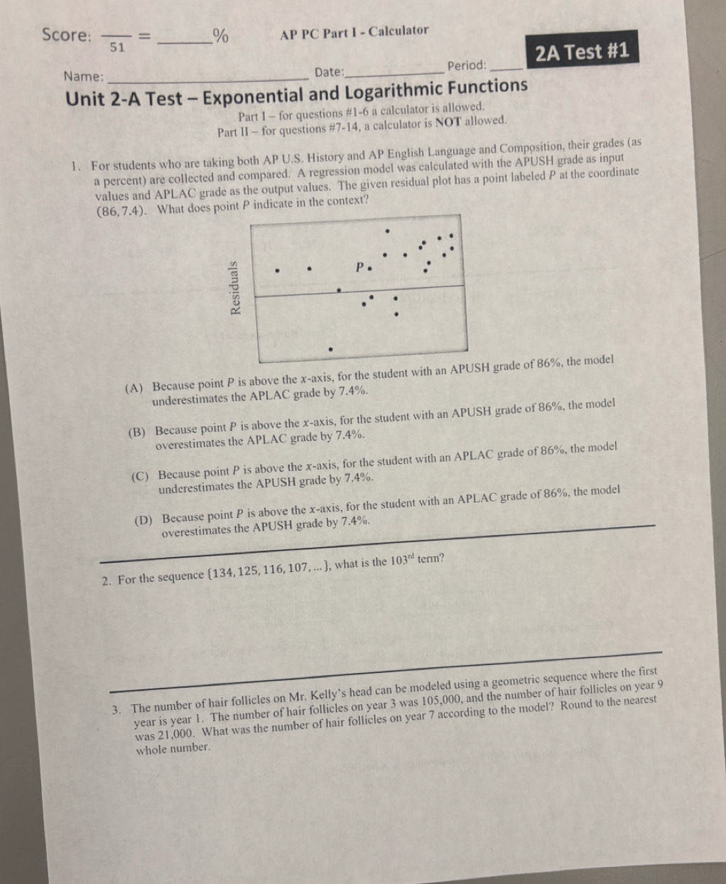 Solved: Score: frac 51= _% AP PC Part I - Calculator Name:_ Date ...