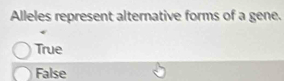 Solved: Alleles represent alternative forms of a gene. True False [Biology]