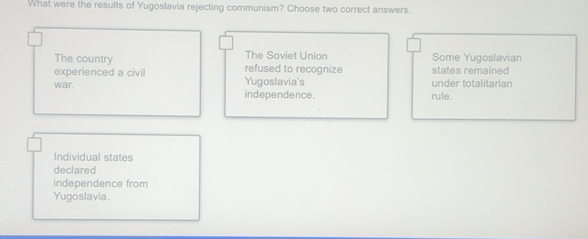 Solved: What were the results of Yugoslavia rejecting communism? Choose ...