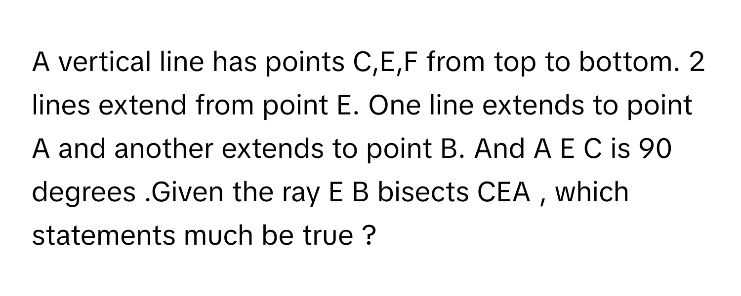 Solved: A vertical line has points C,E,F from top to bottom. 2 lines extend from point E. One ...