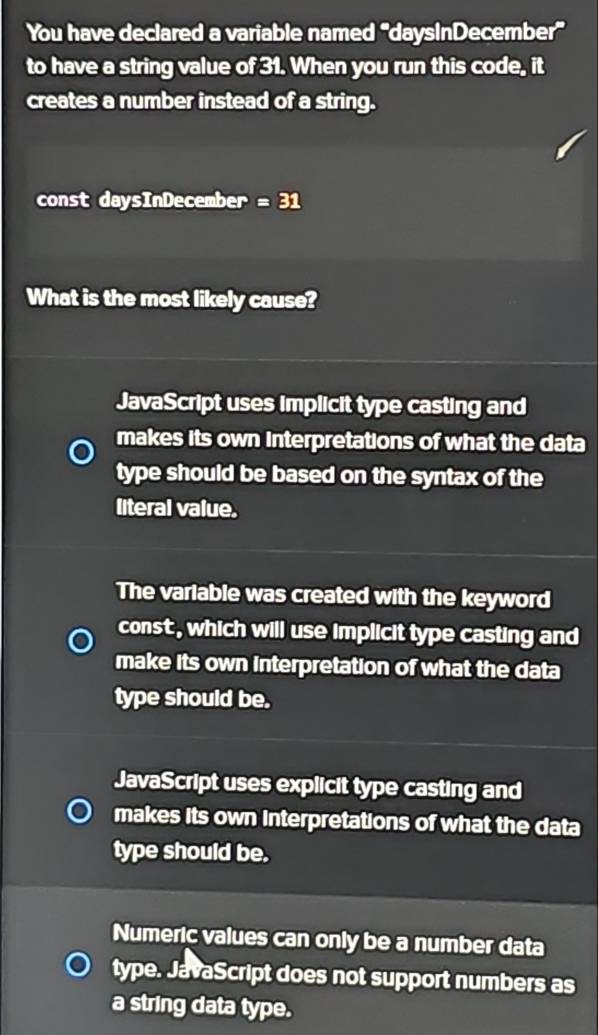 Solved: You have declared a variable named "daysInDecember" to have a ...