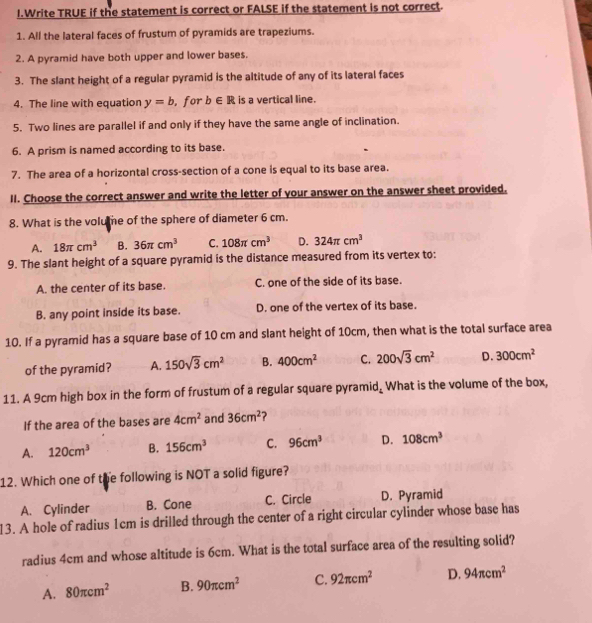 Solved: Write TRUE if the statement is correct or FALSE if the ...