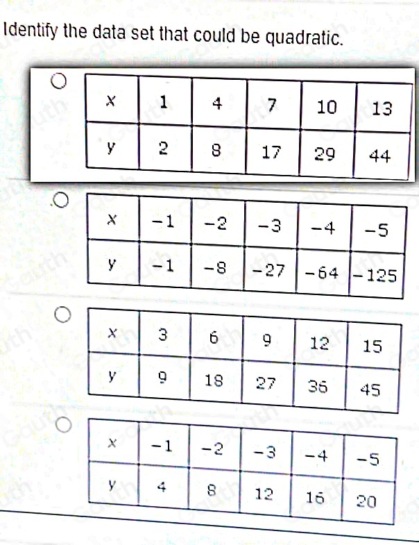 Solved: Identify the data set that could be quadratic. [Math]
