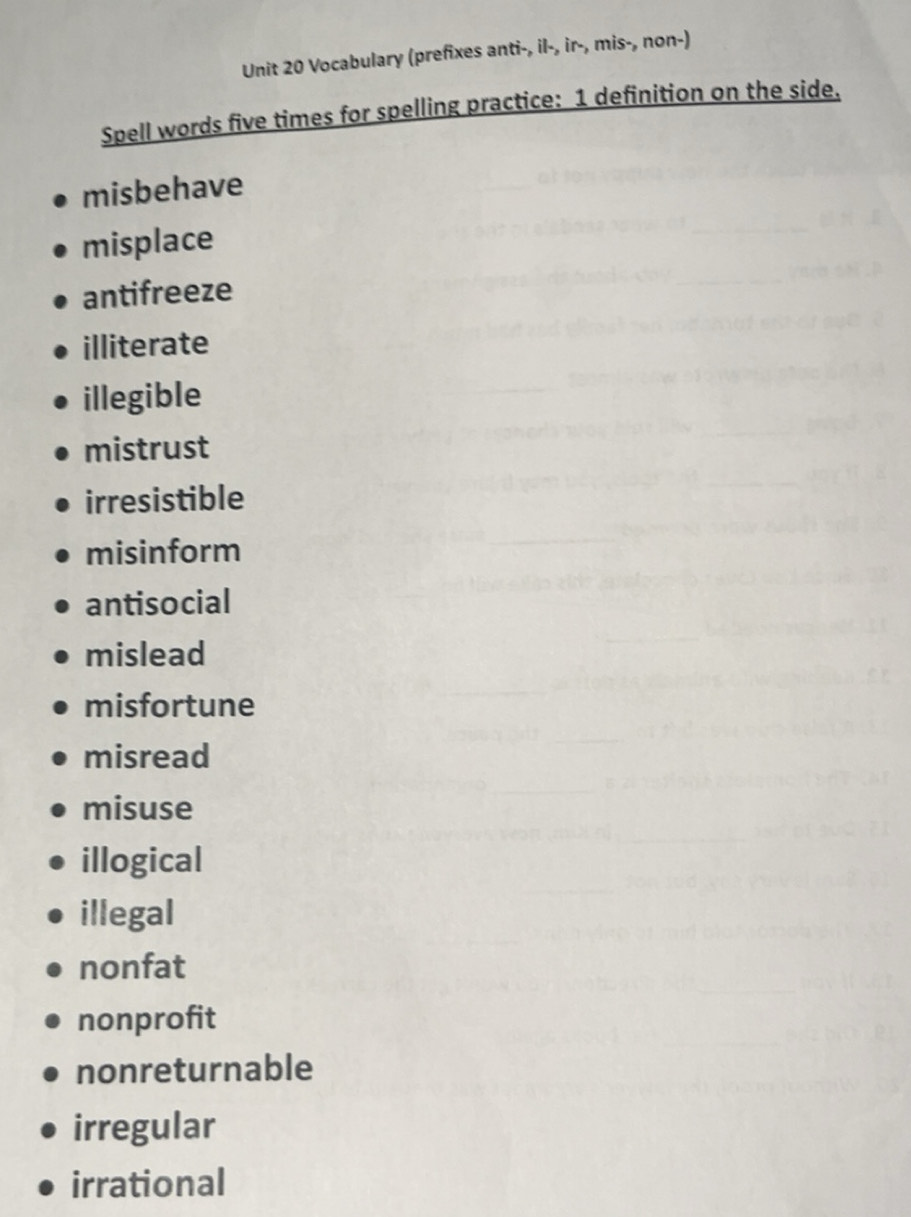 Solved: Vocabulary (prefixes anti-, il-, ir-, mis-, non-) Spell words ...
