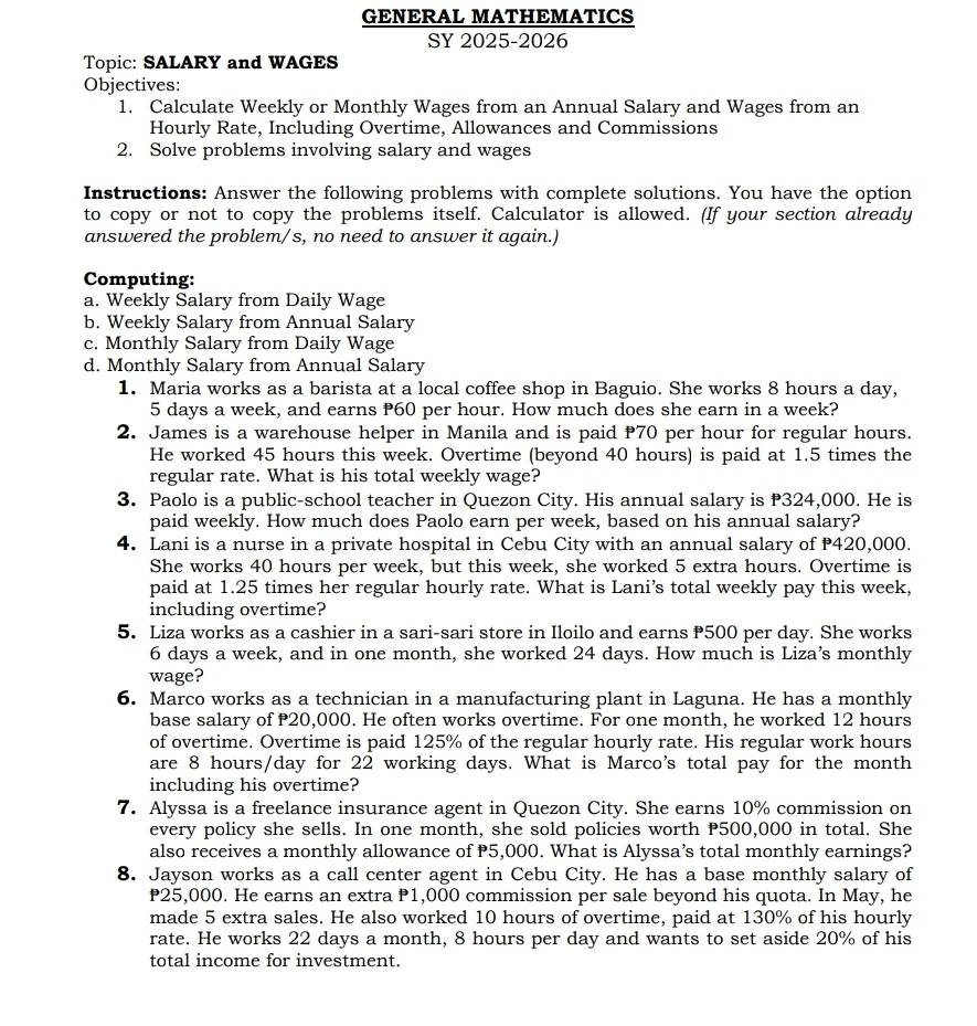 Solved: GENERAL MATHEMATICS SY 2025-2026 Topic: SALARY and WAGES ...