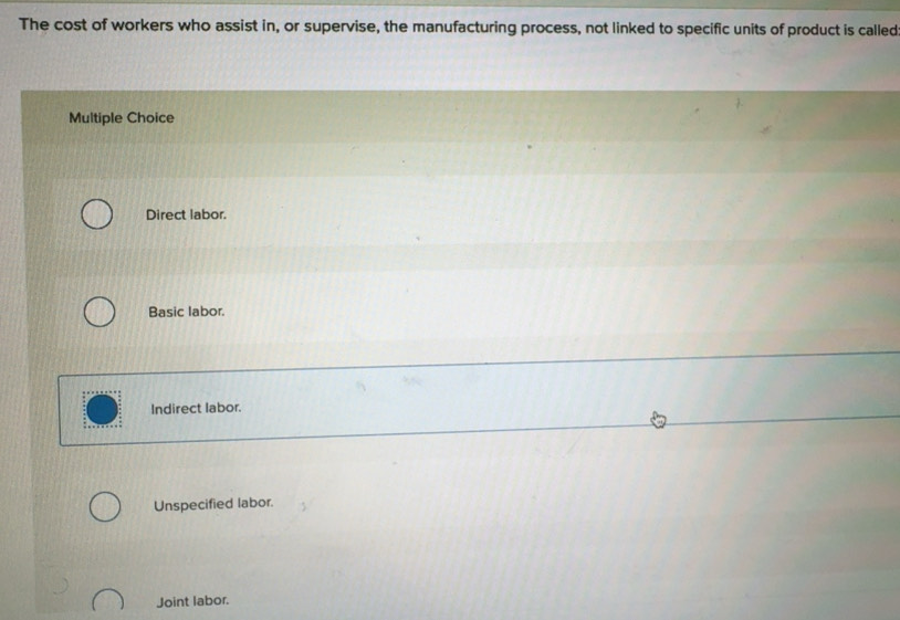 Solved: The cost of workers who assist in, or supervise, the ...