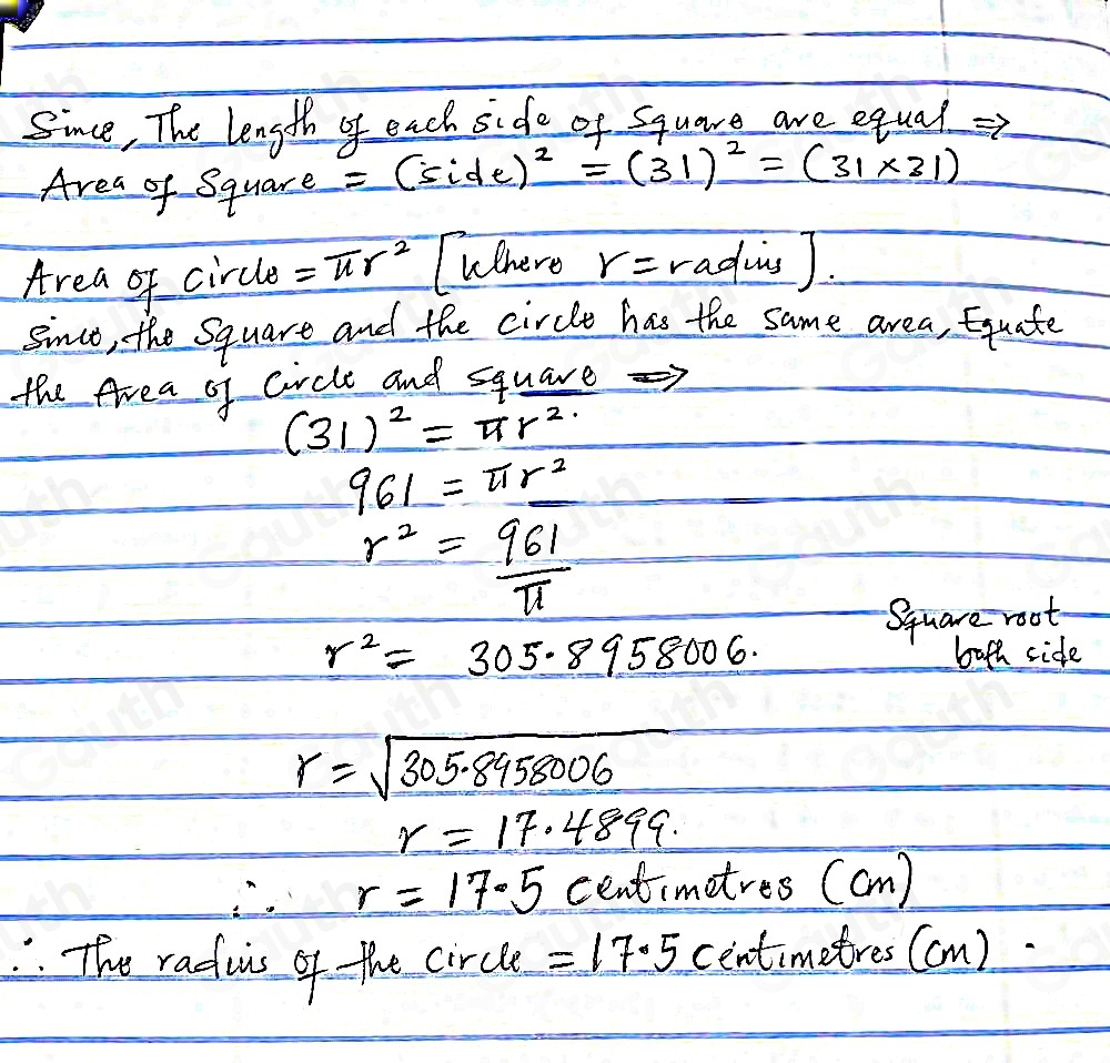 Solved: The square and the circle shown below have the same area. The ...