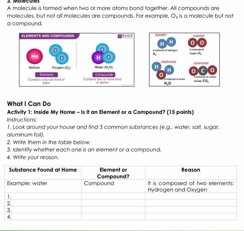 Solved: Molecules A molecule is formed when two or more atoms bond ...