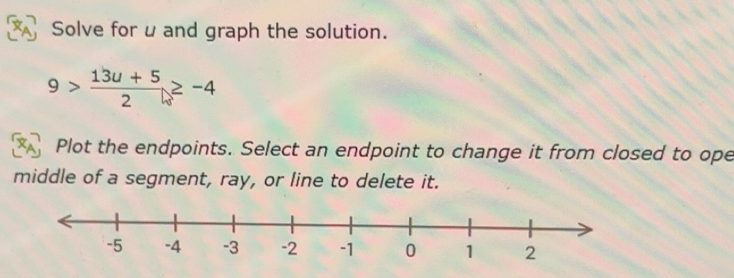 Solved: Solve for u and graph the solution. 9> (13u+5)/2 ≥ -4 Plot the ...