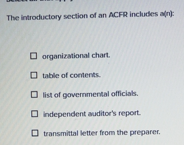 Solved: The introductory section of an ACFR includes a(n ...